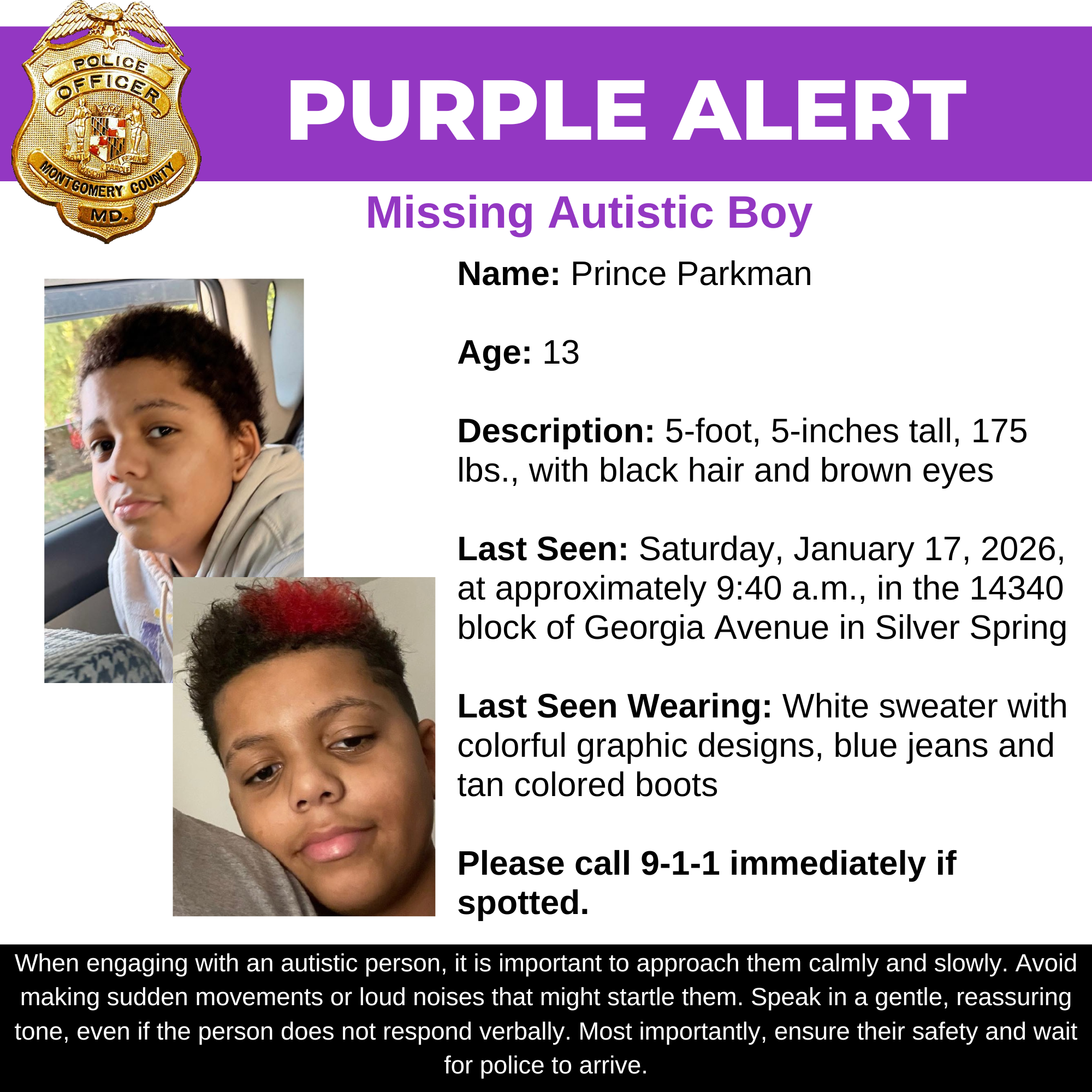 Purple Alert: Concern for Missing 13-Year-Old with Autism - The MoCo Show